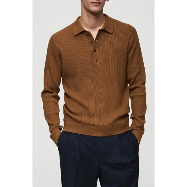 Mango Rib Polo Sweater - Medium Brown