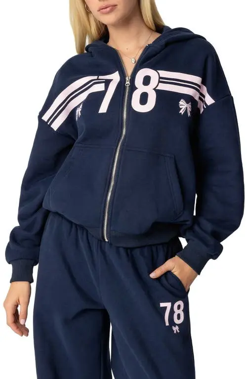 EDIKTED 78 Stripe Graphic Zip-up Hoodie