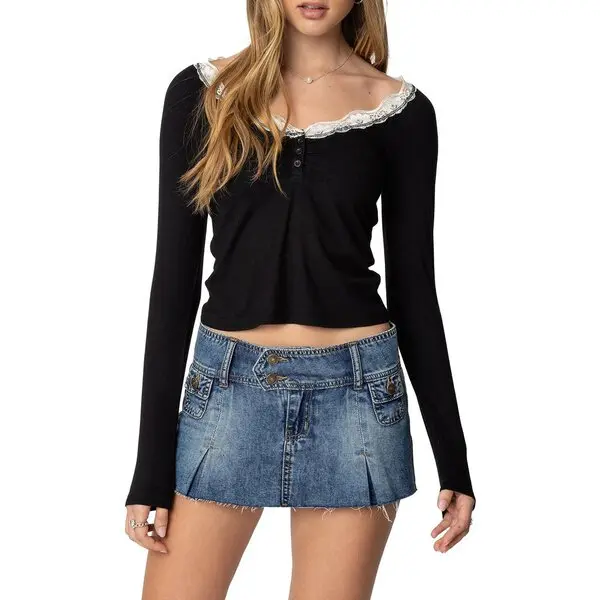 EDIKTED Tracey Crop Lace Trim Rib Henley