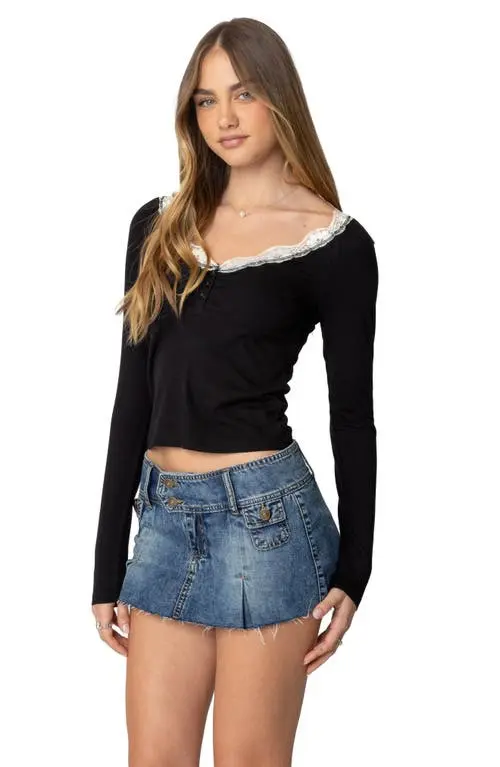 EDIKTED Tracey Crop Lace Trim Rib Henley