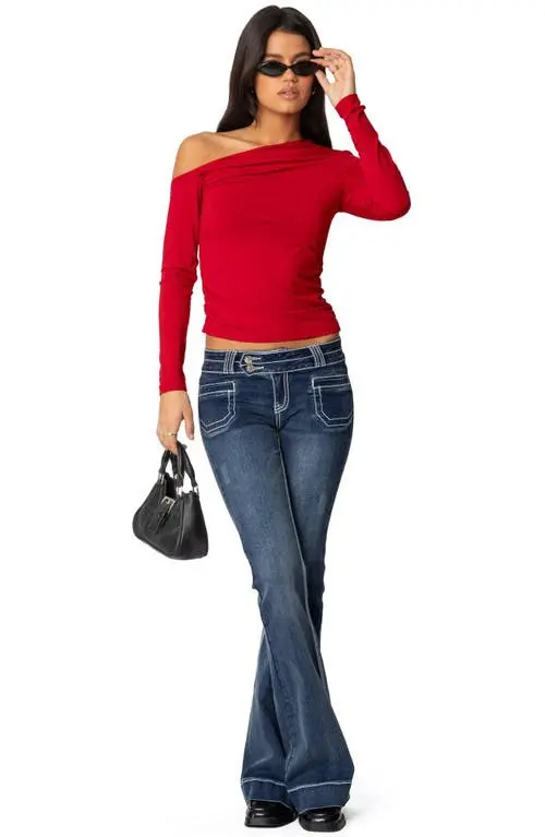 EDIKTED Ronnie Ruched One-shoulder Long Sleeve Top