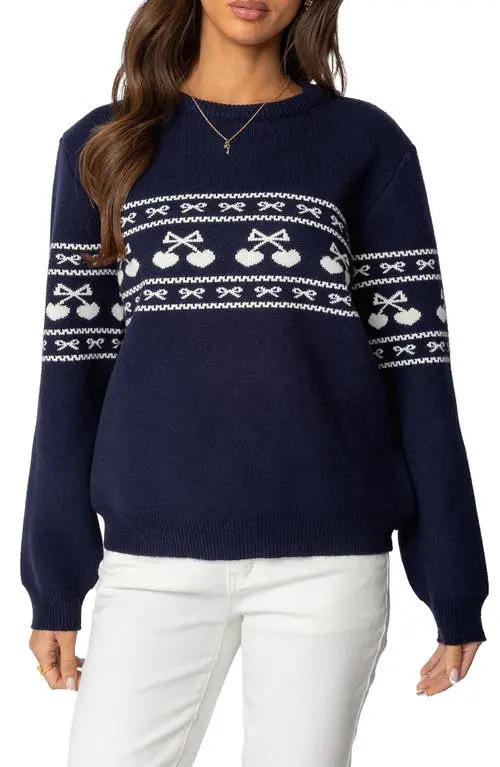 EDIKTED Hearts And Bows Fair Isle Crewneck Sweater