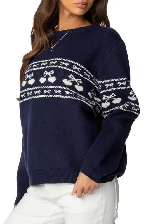 EDIKTED Hearts And Bows Fair Isle Crewneck Sweater