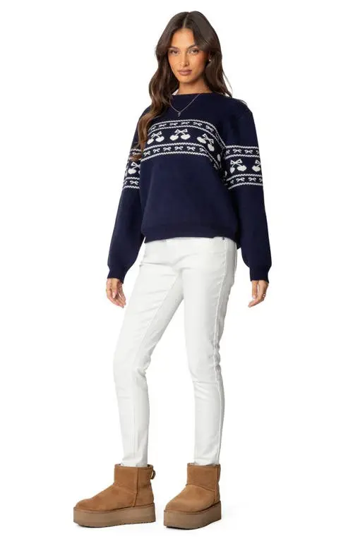EDIKTED Hearts And Bows Fair Isle Crewneck Sweater