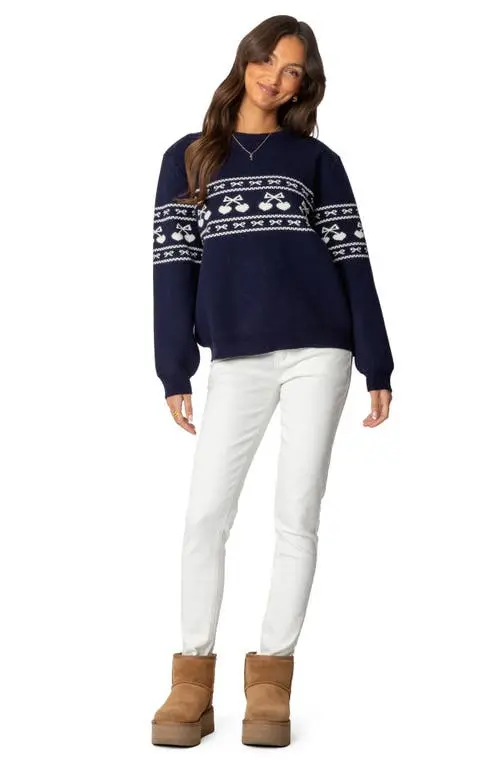 EDIKTED Hearts And Bows Fair Isle Crewneck Sweater