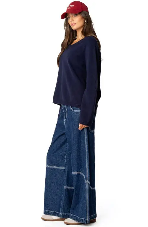 EDIKTED Martha V-neck Sweater - Navy
