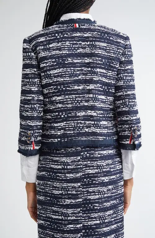 Thom Browne Mélange Tulle Yarn Tweed Crop Cardigan Jacket - Navy