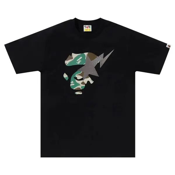 A BATHING APE Liquid Camo Ape Face Sta Tee /olive Drab - Black