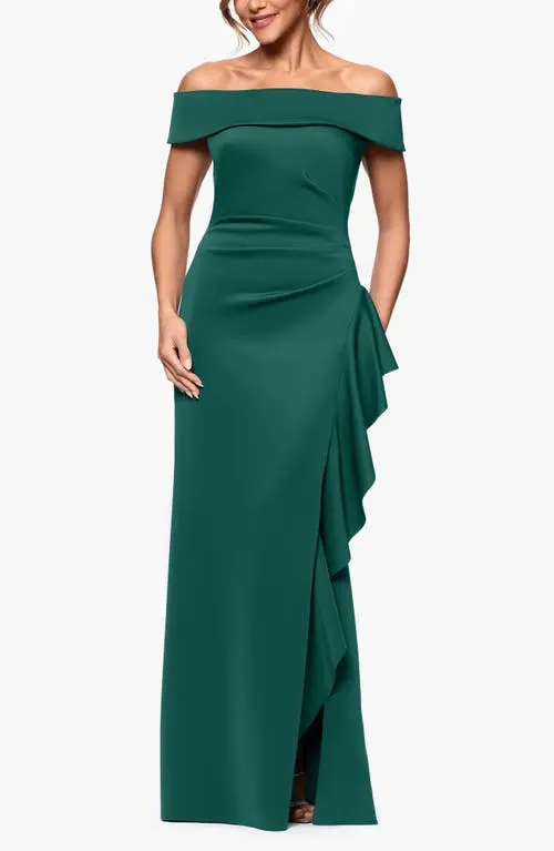 XSCAPE EVENINGS Ruffle Off-the-shoulder Scuba Knit Gown - Hunter