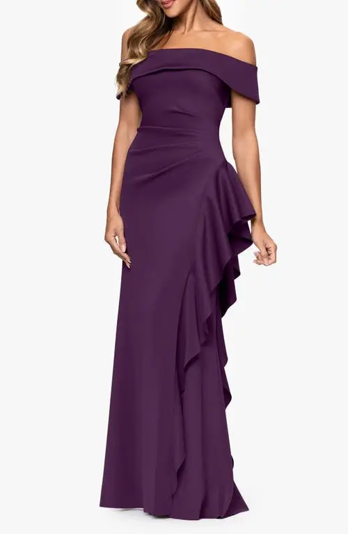 XSCAPE EVENINGS Ruffle Off-the-shoulder Scuba Knit Gown - Plum