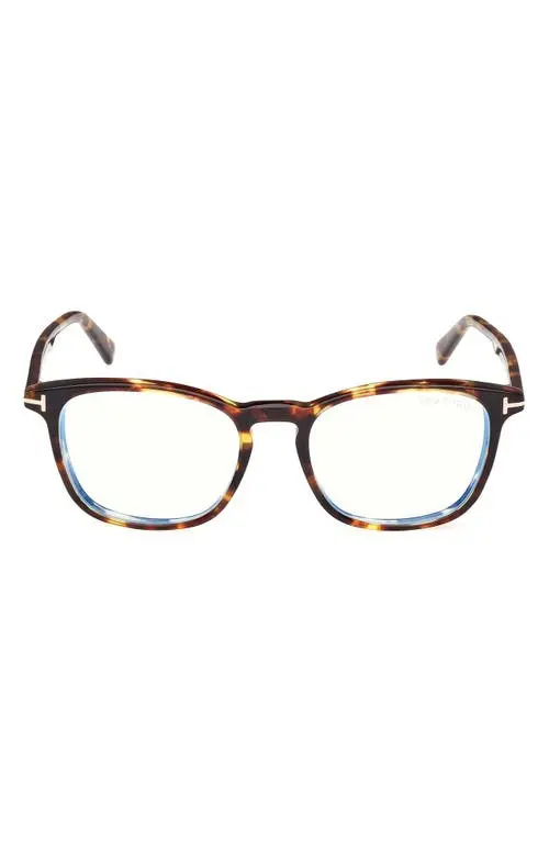TOM FORD 52mm Square Optical Glasses - Havana / T Logo / Blue Block