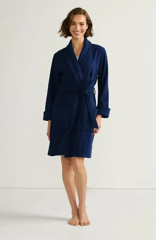 LANDS' END Cotton Terry Knee Length Spa Bath Robe - Deep Sea Navy