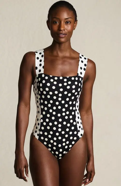 LANDS' END Square Neck High Leg One-piece Swimsuit - Black/egret Mixed Tossed Dots