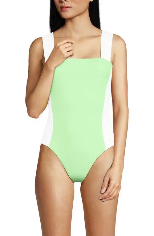 LANDS' END Square Neck High Leg One-piece Swimsuit - Icy Mint/white