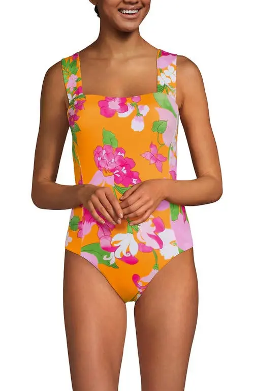 LANDS' END Square Neck High Leg One-piece Swimsuit - Sweet Mango Lilies