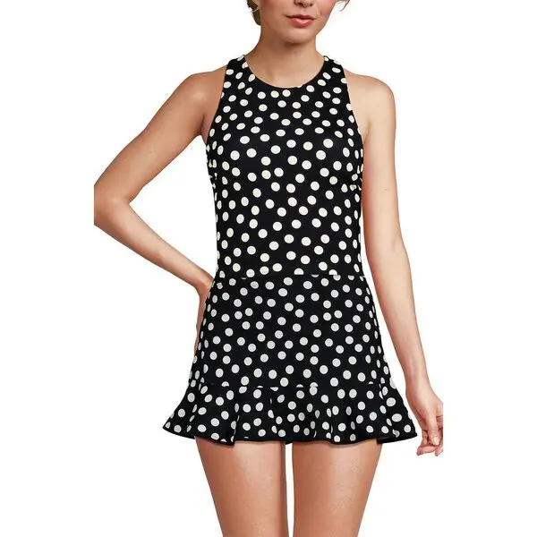 LANDS' END Chlorine Resistant High Neck Racerback Midkini Swimsuit Top - Black/egret White Tossed Dots