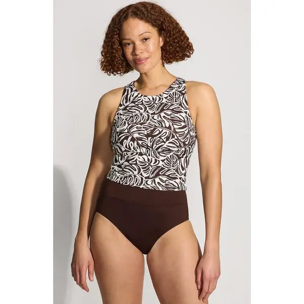 LANDS' END Chlorine Resistant High Neck Racerback Midkini Swimsuit Top - Brown Mini Tropic Leaves