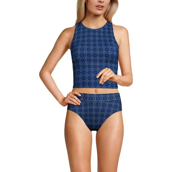 LANDS' END Chlorine Resistant High Neck Racerback Midkini Swimsuit Top - Navy Mosaic Mini Tile