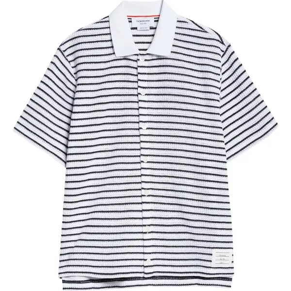 Thom Browne Stripe Short Sleeve Cotton Knit Button-up Shirt