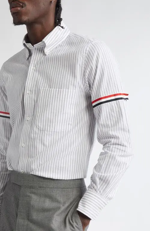 Thom Browne Armband Stripe Cotton Button-down Shirt - Medium Grey