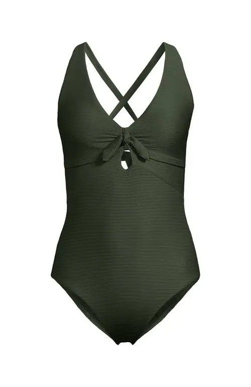 LANDS' END Ribbed Knot Front One-piece Swimsuit - Rich Olive Green Ottoman