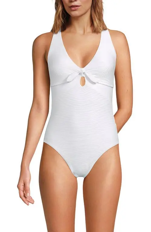 LANDS' END Ribbed Knot Front One-piece Swimsuit - White Ottoman