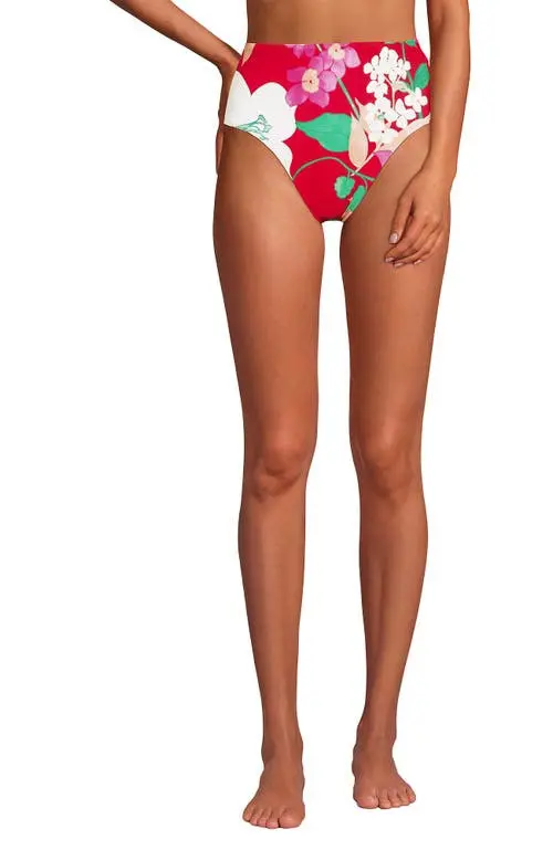 LANDS' END Ribbed High Waisted Bikini Bottoms - Coral Rose Lilies