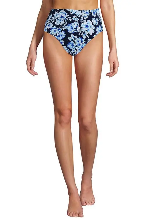 LANDS' END Ribbed High Waisted Bikini Bottoms - Deep Sea Navy Painted Floral
