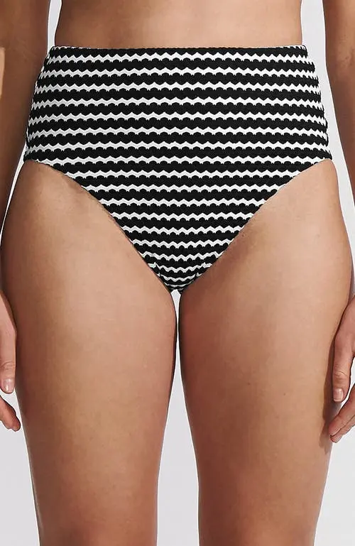 LANDS' END Ribbed High Waisted Bikini Bottoms - Striped Black/white