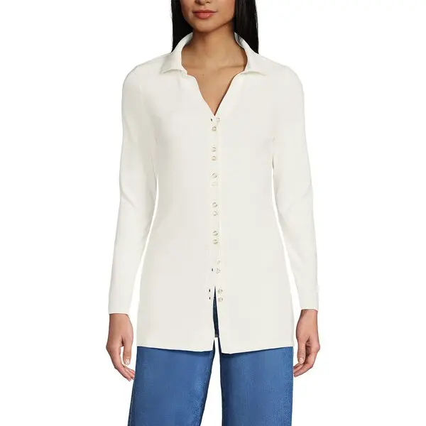 LANDS' END Long Sleeve Ribbed Tunic Shirt - Ivory