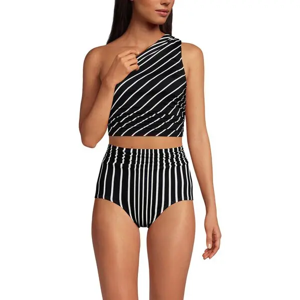 LANDS' END Ruched One-shoulder Tankini Swimsuit Top - Black/egret Variegated Stripe