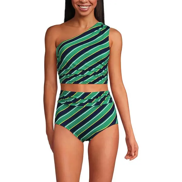 LANDS' END Ruched One-shoulder Tankini Swimsuit Top - Green/navy Diagonal Stripe