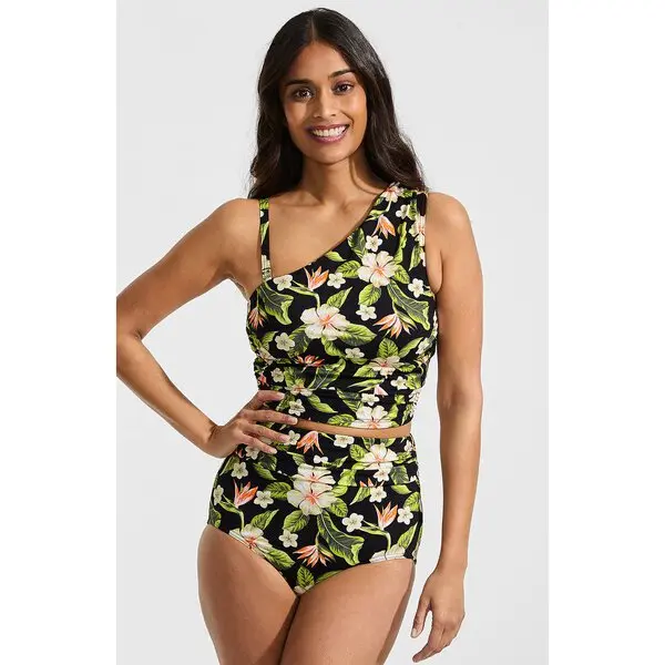 LANDS' END Ruched One-shoulder Tankini Swimsuit Top - Hibiscus Floral/black