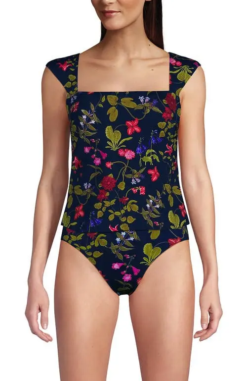 LANDS' END Square Neck Underwire Tankini Swimsuit Top - Deep Sea Multi Garden Floral
