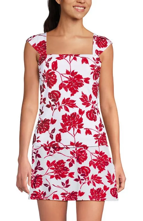 LANDS' END Square Neck Underwire Tankini Top - Red Graphic Floral