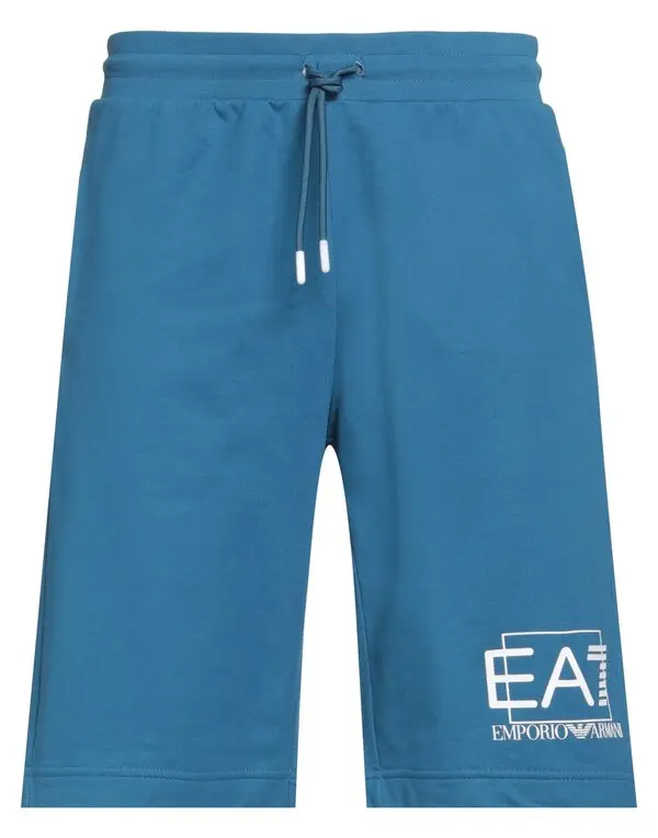 EA7 Pastel Cotton French Terry Shorts With Logo Appliqu - Blue