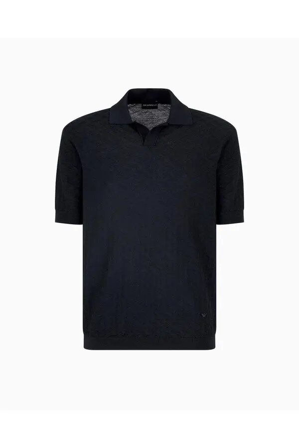 Emporio Armani Us Exclusive Woven-effect Virgin-wool Jumper With A Polo-shirt Collar - Blue