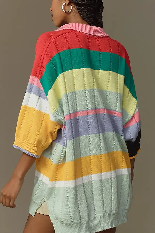 Maeve Collared V-neck Rugby Sweater - Rainbow Stripe