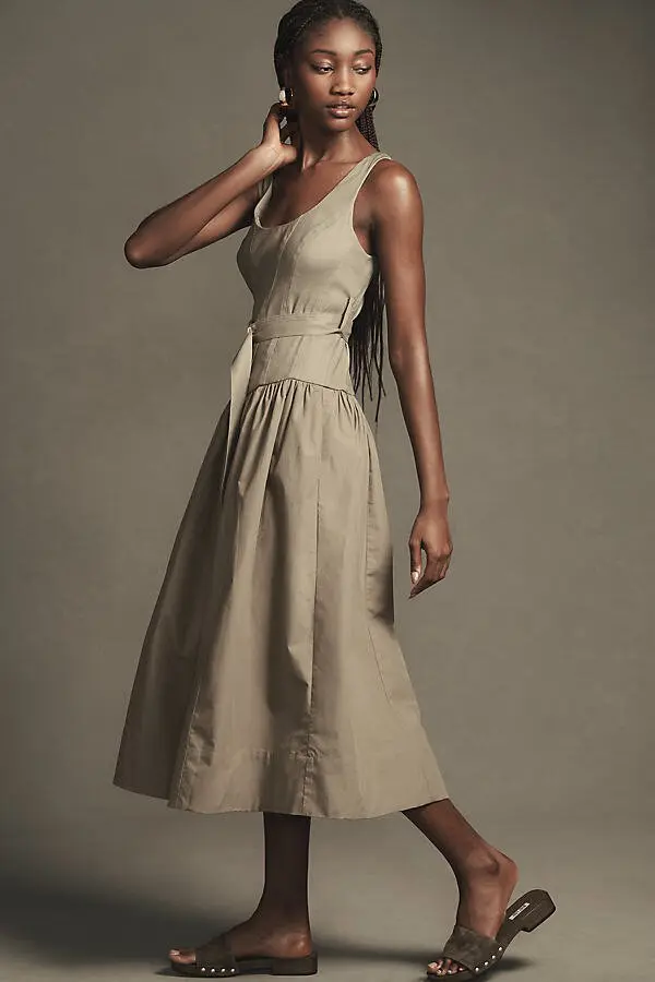 anthropologie green drop waist dress Mare Mare Briana Strapless Drop-Waist Bubble-Hem Midi Dress
