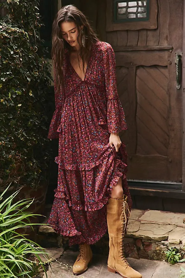 Free People Floral Print Maxi Dress - Cabernet Combo