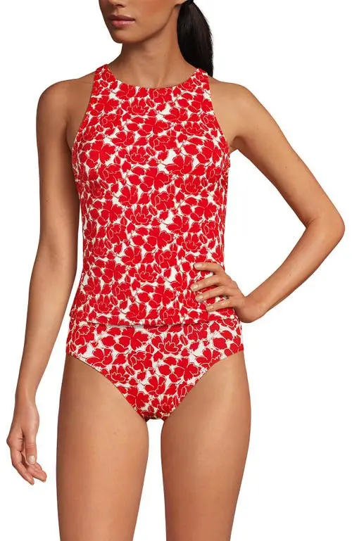 LANDS' END Tugless High Neck Strappy Back Tankini Swimsuit Top - Daylily Red Tossed Floral