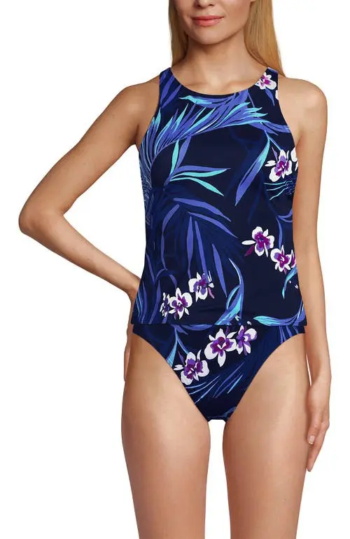 LANDS' END Tugless High Neck Strappy Back Tankini Swimsuit Top - Deep Sea Navy Tropical Floral