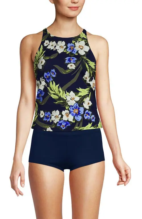 LANDS' END Tugless High Neck Strappy Back Tankini Swimsuit Top - Deep Sea/blue Floral Tropic