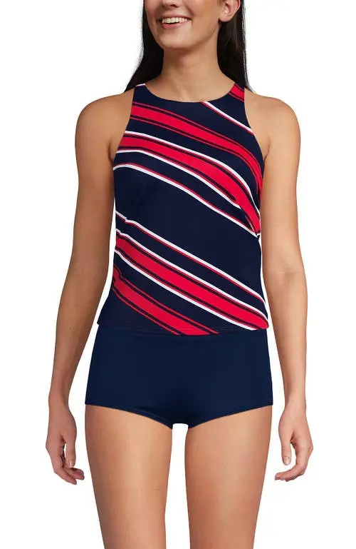 LANDS' END Tugless High Neck Strappy Back Tankini Swimsuit Top - Diagonal Stripe/navy