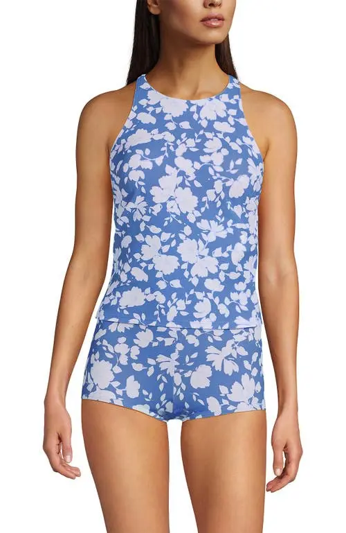 LANDS' END High Neck Strappy Back Tankini Top - Lake Blue Blossom Floral