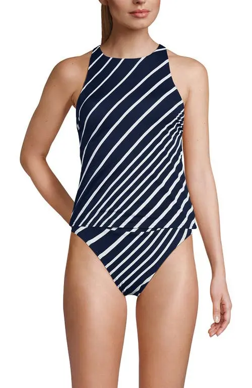 LANDS' END Tugless High Neck Strappy Back Tankini Swimsuit Top - Navy/white Variegated Stripe