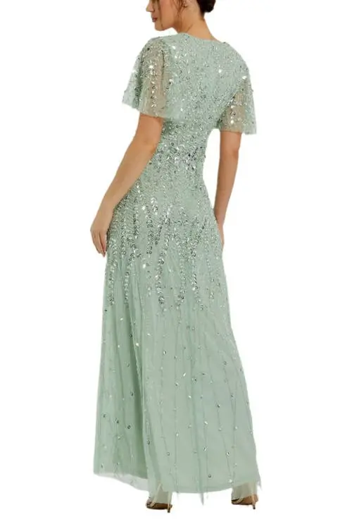Mac Duggal Embellished Flutter Sleeve Gown - Sage
