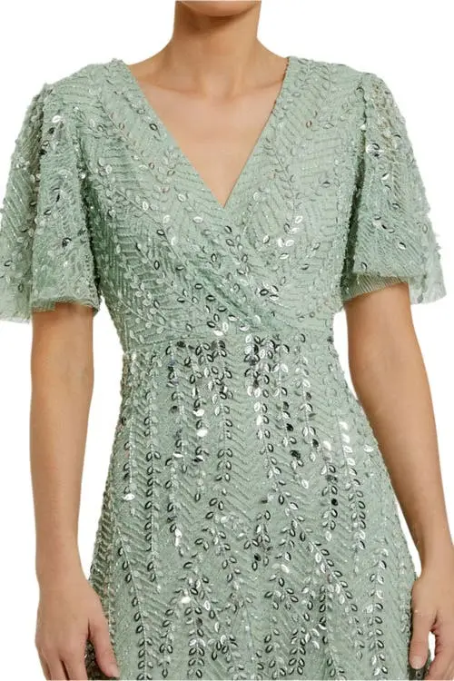 Mac Duggal Embellished Flutter Sleeve Gown - Sage