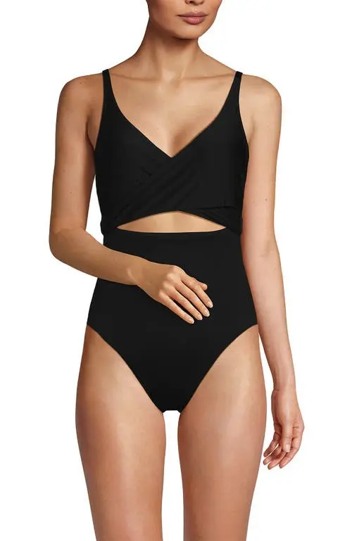 LANDS' END Wrap Monokini High Leg One Piece Swimsuit - Black