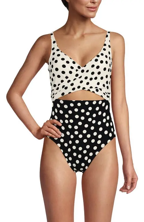 LANDS' END Wrap Monokini One Piece Swimsuit - Black/egret Mixed Tossed Dots